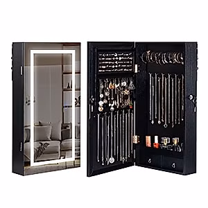 Lavievert Jewelry Armoire with LED Lighted Mirror, Wall/Door Mounted Frameless Mirror with 3 Color Lights, Lockable Jewelry Cabinet Hanging Jewelry Organizer with 2 Drawers - Black