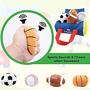 Etna My Sports Bag, Plush Toy Play Set - Toddler Sensory Toys with Plush Balls That Make Sports Sounds and Cheers -Includes Sports Bag Plush Basketball Plush Baseball Plush Soccer Ball Plush Football