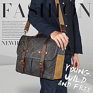 Mens Messenger Bag 15.6 Inch Waterproof Vintage Genuine Leather Waxed Canvas Briefcase Large Satchel Shoulder Bag Rugged Leather Computer Laptop Bag, Grey