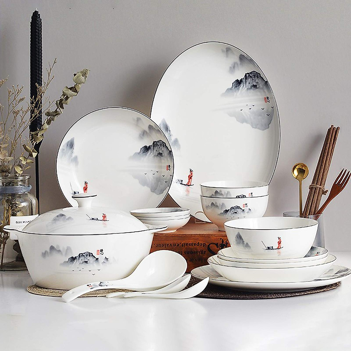 GagalU Stylish Dinner Plates,Ceramics Dinnerware Sets, Landscape Painting Pattern Porcelain Cereals Bowls/Steak Plates/Soup Pot | 48 Pieces Bone China Dinner Combination Set