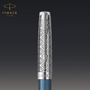 PARKER Sonnet Fountain Pen | Premium Metal and Blue Satin Finish with Chrome Trim | Fine 18k Gold Nib with Black Ink Cartridge | Gift Box
