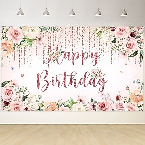 RUBFAC Happy Birthday Banner Backdrop Decorations Glitter Black Gold Banner Party Supplies Photo Background for Women Men Children