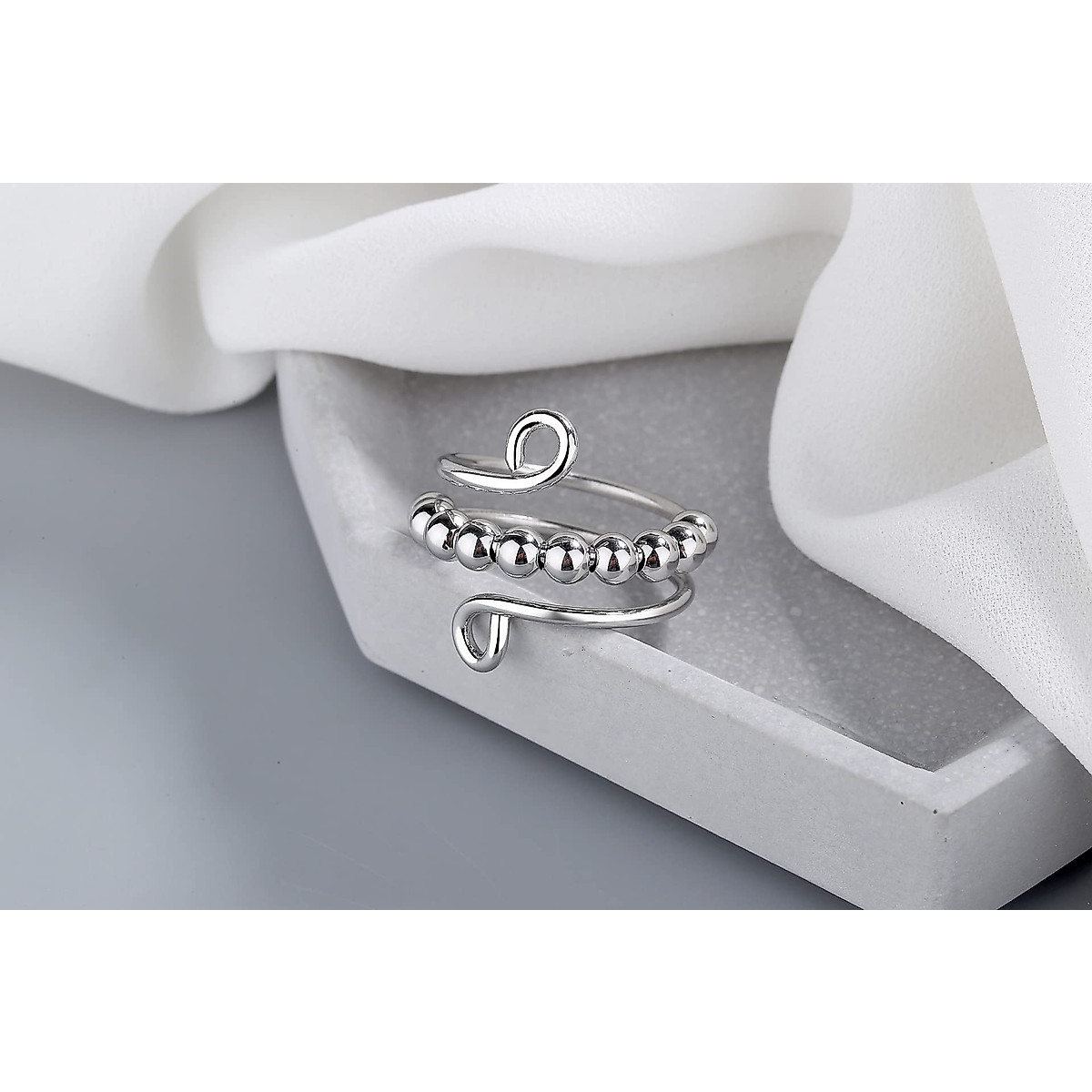 OIDIMS Unique Spinner Fidget Beads Ring for Anxiety for Women Coil Spiral Rotate Freely Inspirations Jewelry Crochet Loop Knitting Expandable Adjustable Best Friends Dainty Birthday (Silver)