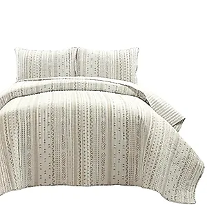Lush Decor Hygge Stripe Oversized Reversible 3 Piece Quilt Set, Full/Queen, Neutral & White