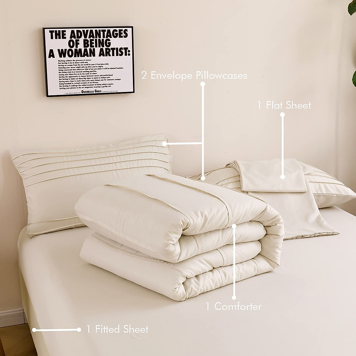 ZRNBAST 5 Pcs Beige Grey Comforter Set Full Size Pleated Textured Bohemian Style Bedding Set with Sheets Pinch Pintuck Striped Fluffy Comforter Set for All Seasons (Beige, Full)