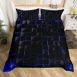 Geometric Grid Duvet Cover Set Queen Size, Royal Blue and Black Checkered Bedding Cover, Men Women Room Decor, Modern Abstract Check Plaid Square Bed Sets for All Season, 2 Pillowcases, No Comforter