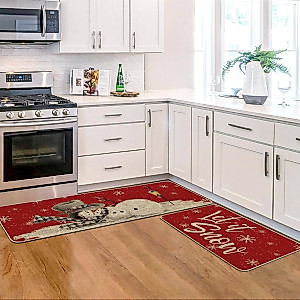 Artoid Mode Red Let It Snow Snowflake Snowman Winter Kitchen Mats Set of 2, Christmas Decor Low-Profile Kitchen Rugs for Floor - 17x29 and 17x47 Inch