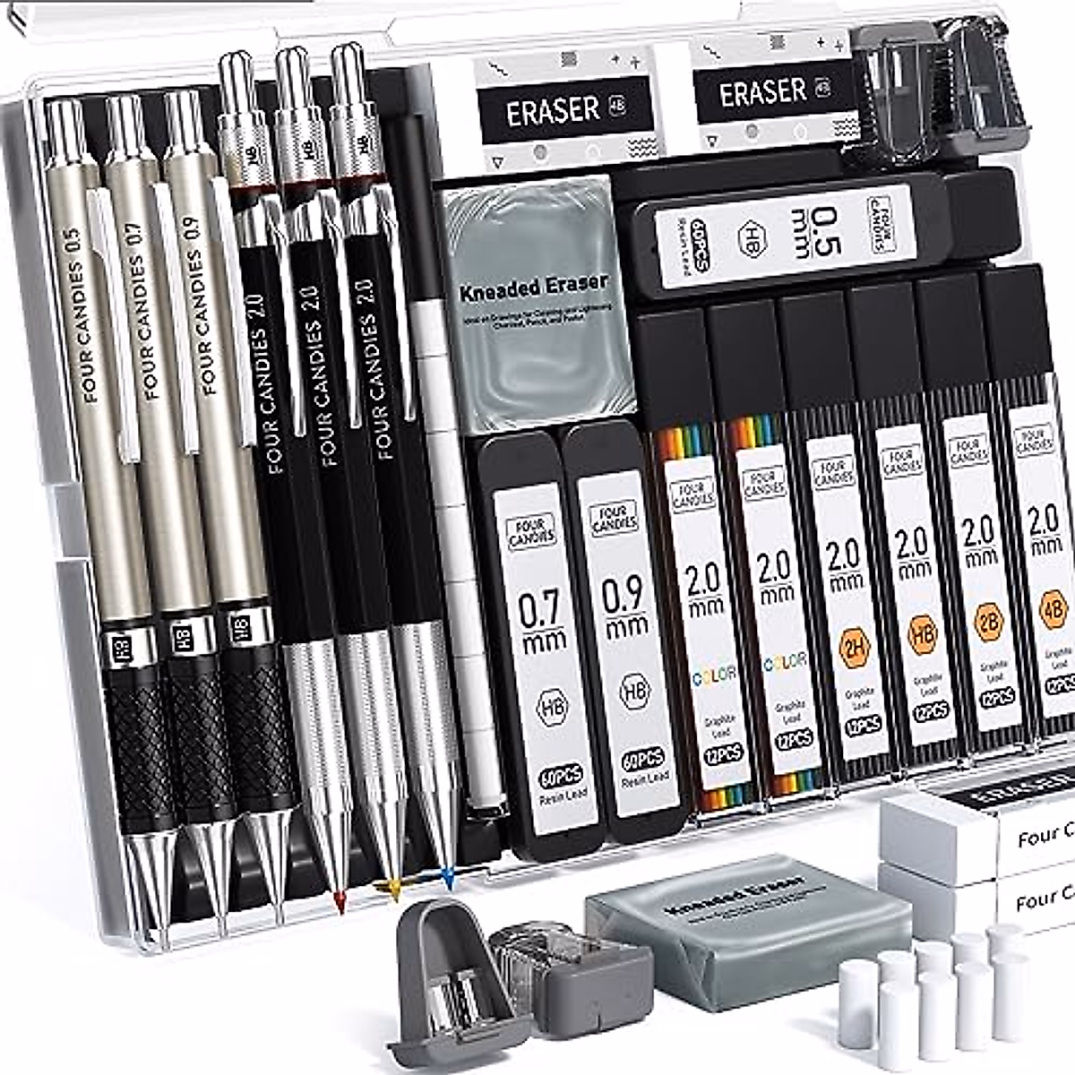 FourCandies 25PCS Art Mechanical Pencil Set with Case, 3PCS Metal Artist Lead Pencil 0.5, 0.7, 0.9 mm & 3PCS 2mm Lead Holder(HB 2H 2B 4B Color) with 432PCS Graphite Lead Refills for Drawing Sketching