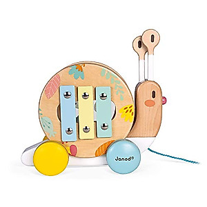 Janod Pure Pull Along Snail - Wooden 2-in1 Musical Toy - Ages 1+ - J05159