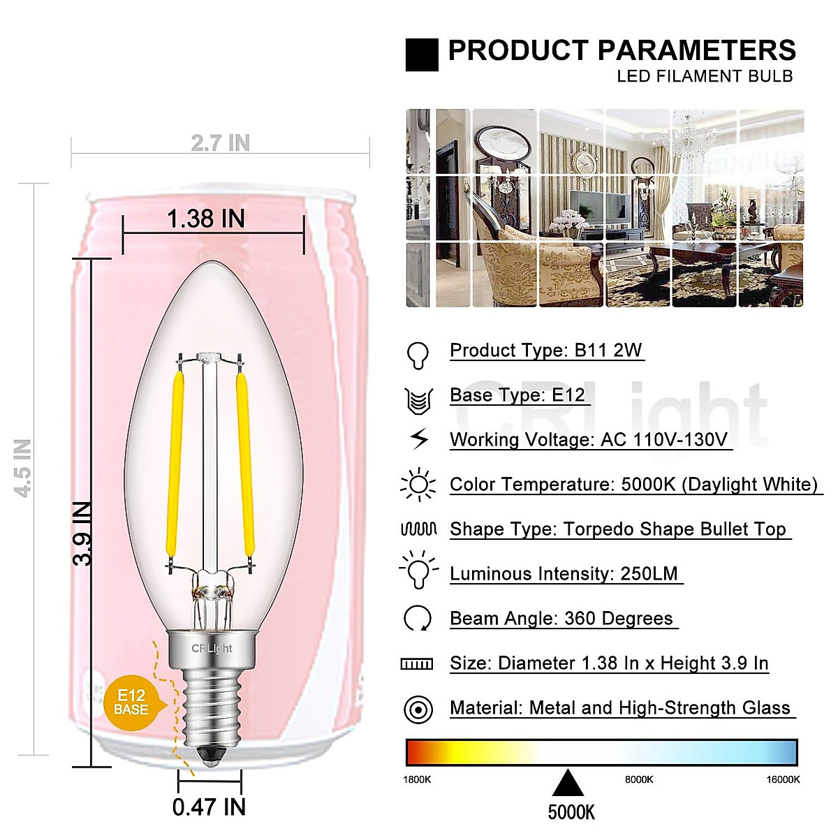 CRLight LED Candelabra Bulb 5000K Daylight White, 25W Equivalent 250 LM, 2W LED Chandelier Light Bulbs, E12 Vintage Edison B11 Clear Glass Candle Bulbs, Non-dimmable Version, 12 Pack