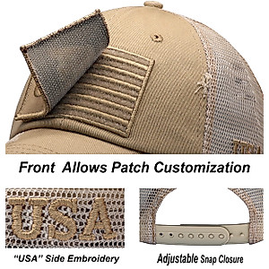 Antourage American Flag Unconstructed Hat for Men and Women Twill Mesh Snapback Baseball USA Flag Cap + 2 Patriotic Patches ((10) Khaki Distressed Mesh Snapback)