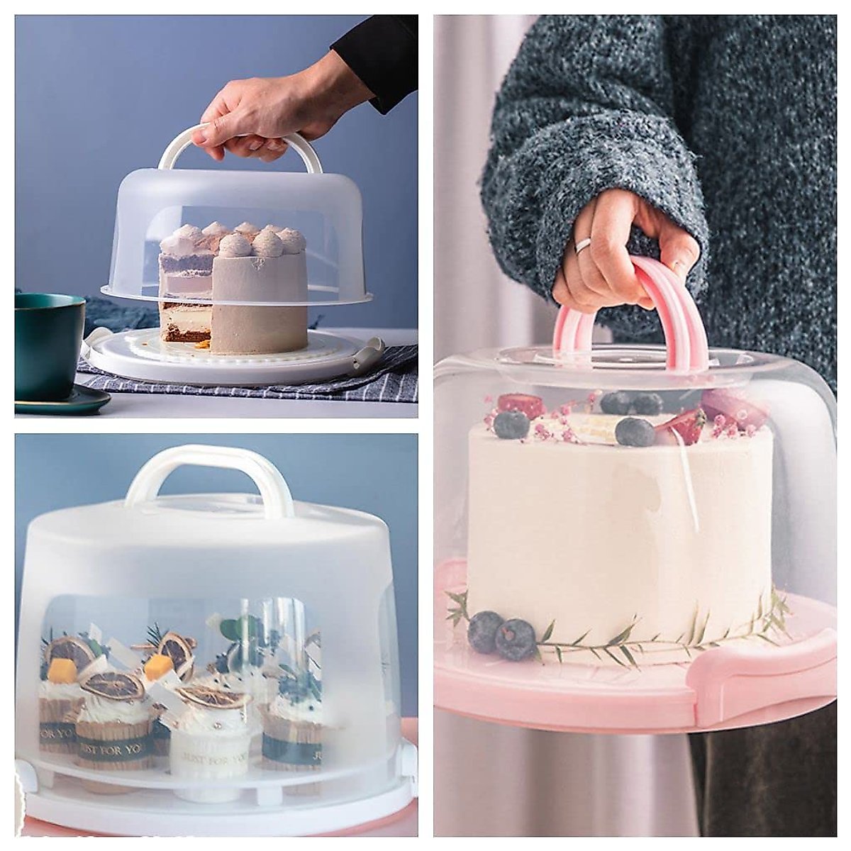 HomDSim Cake Carrier Round Cake Stand Plus Height Cake Container with Cupcakes Pad, Handle, Lid Reusable Package Box for Transporting Desserts,Pie,Toast,Fruit