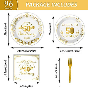 96 Pcs 50th Anniversary Tableware Set Wedding Party Supplies 50 years Anniversary Dinnerware Disposable Golden Plates Napkins Fork Fifty Anniversary Party Decorations Birthday Tableware for 24 Guests
