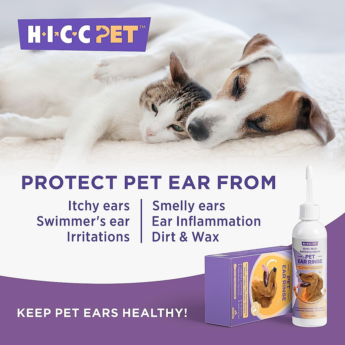 HICC PET Dog Ear Cleaner - Dog Ear Inflammation Therapy with 0.012% Hypochlorous Acid for Itch Relief, Soothe Ear Inflammation, Removes Wax, Odor, with 30 Cotton Swabs, 4 Fl oz