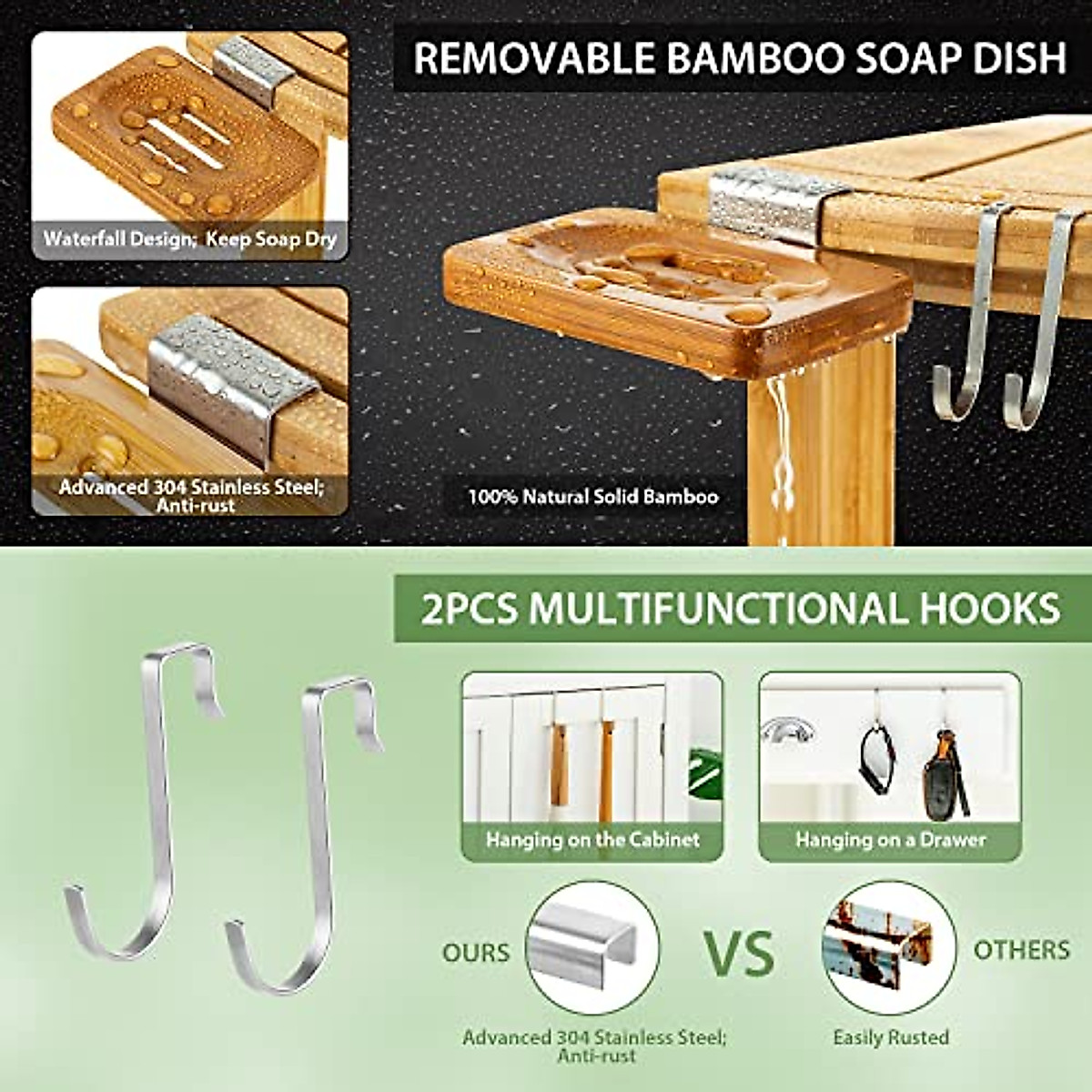 ETECHMART Bamboo Corner Shower Stool for Shaving Legs Foot Rest, Waterproof Bath Bench Seat with Storage Shelf and Soap Dish for Bathroom Inside Shower, Use as Small Corner Table Step Stools, Bamboo