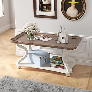 Function Home Farmhouse Coffee Table, Modern Cocktail Table with Storage Shelf, Sofa Table with Natural Tray Top and Carved Legs for Living Room, Bedroom, Dining Room in Vintage White