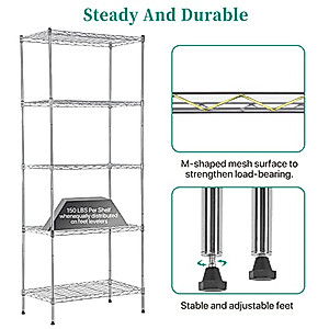 Wire Shelving Unit, NSF 5-Tier Shelf Utility Steel Commercial Grade Storage Shelves 24" L x 14" W x 60" H Heavy Duty Metal Shelves Organizer Rack with Leveling Feet for Kitchen Office Garage, Chrome