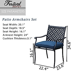 Festival Depot 4 Piece Outdoor Patio Furniture Outdoor Wrought Iron Dining Chairs Set for Porch Lawn Garden Balcony Pool Backyard with Arms and Cushions (4Pcs) (Blue)