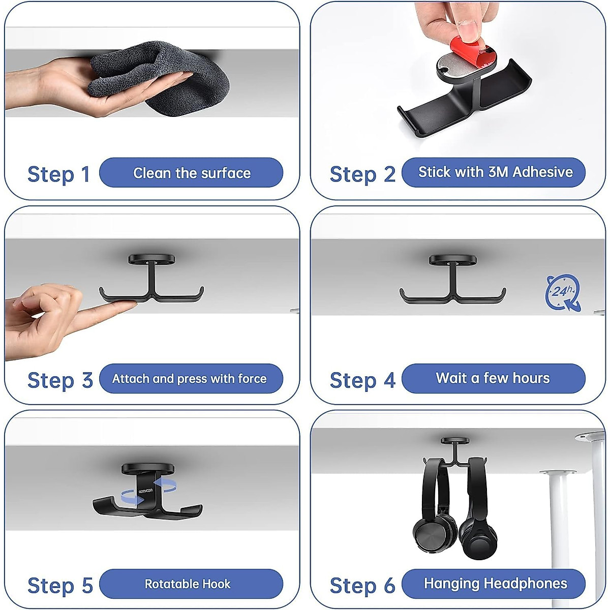 aceyoon Headphone Stand Hanger Under Desk Designed Aluminum Headphone Holder Hook 90° Rotatable Headsets Adhesive & Screws Universal Compatible with PC Gaming DJ Headsets