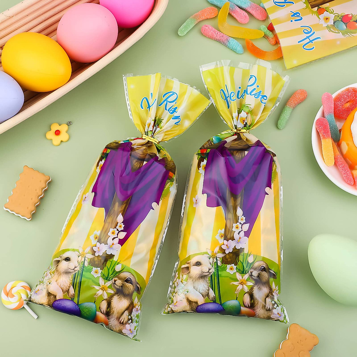 Fovths 100 Pack Easter Treat Bags Plastic Easter Candy Bags, Inspiring He is Risen Sign Clear Cellophane Candy Treat Bags with 100 Piece Gold Twist Ties for Easter Theme Bible School Party Favors