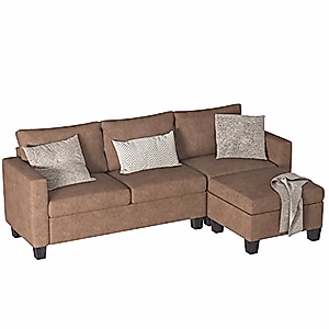 Shahoo Convertible Sectional Sofa Couch L-Shaped Settee with Soft Seat, Comfortable Backrest and Modern Linen Fabric for Small Space, Living Room, Brown