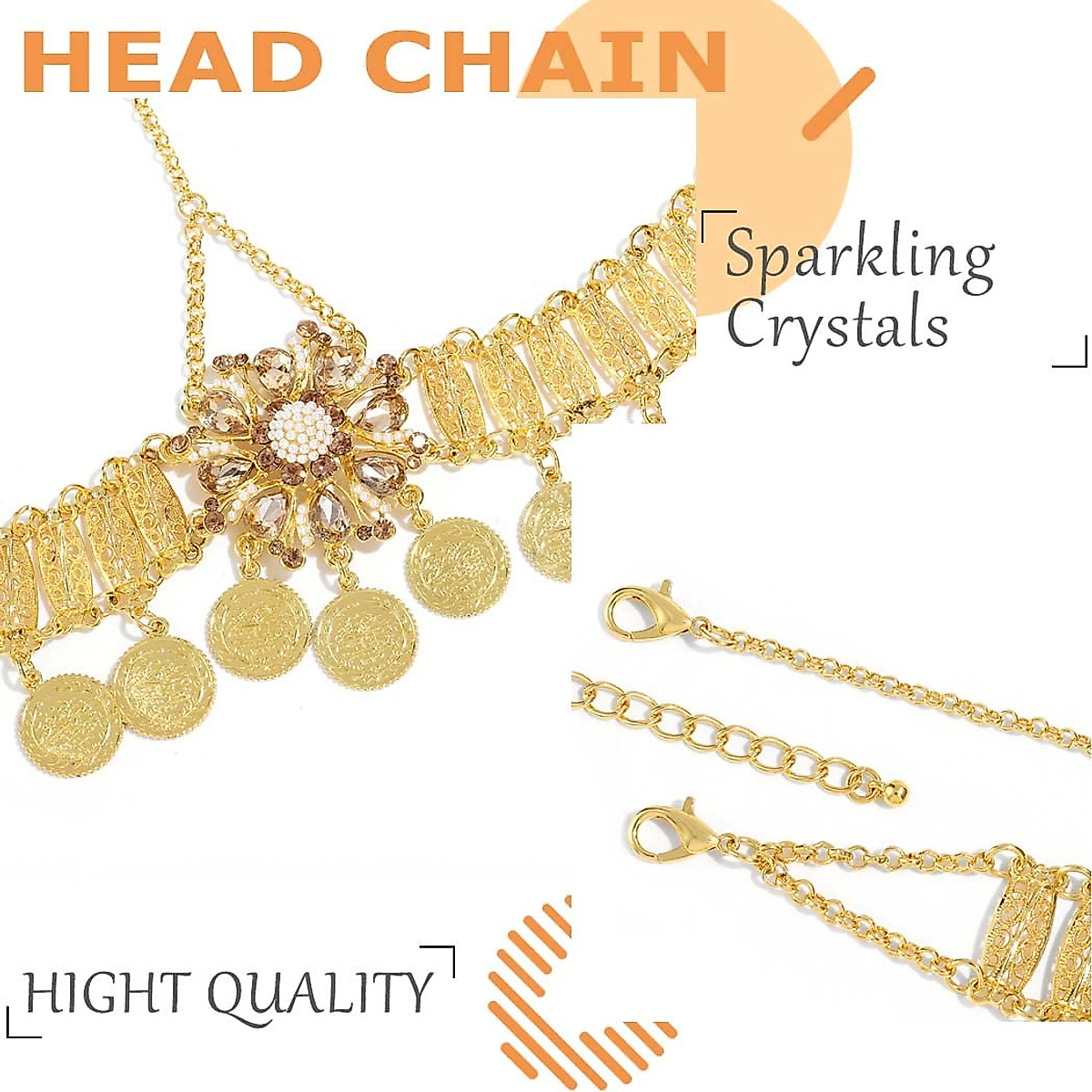 Woeoe Crystals Head Chain Jewelry Gold Retro Headpiece Coin Boho Vintage Belly Dance Prom Costume Hair Chains Accessories for Women