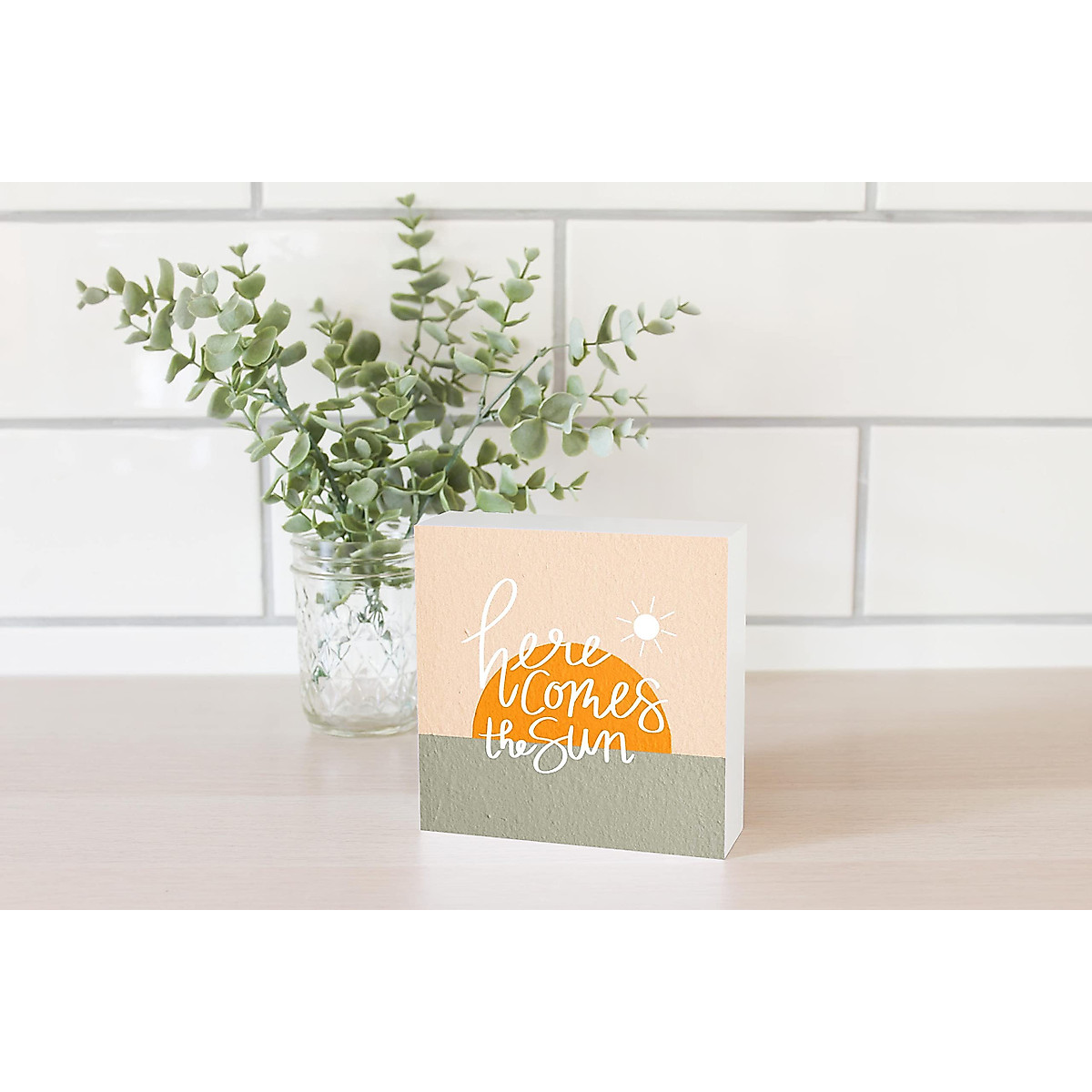 Here Comes the Sun Texture, JoyRide Home Decor Wood Block Sign, 5"x5" Freestanding, Shelf or Wall Displayed, Artist Designed Home Décor.