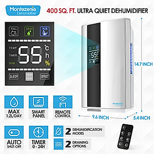 Efficient Dehumidifiers for Home - 400 Sq. Ft Quiet Dehumidifier with Drain Hose, Remote Control, Auto Shut Off, and 2 Working Modes, Portable Dehumidifier for Basements, RVs, Closets, Garages