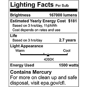 Satco S5837 3400K 1500-Watt Clear Universal Mount Mogul Base BT56 Metal Halide Lamp