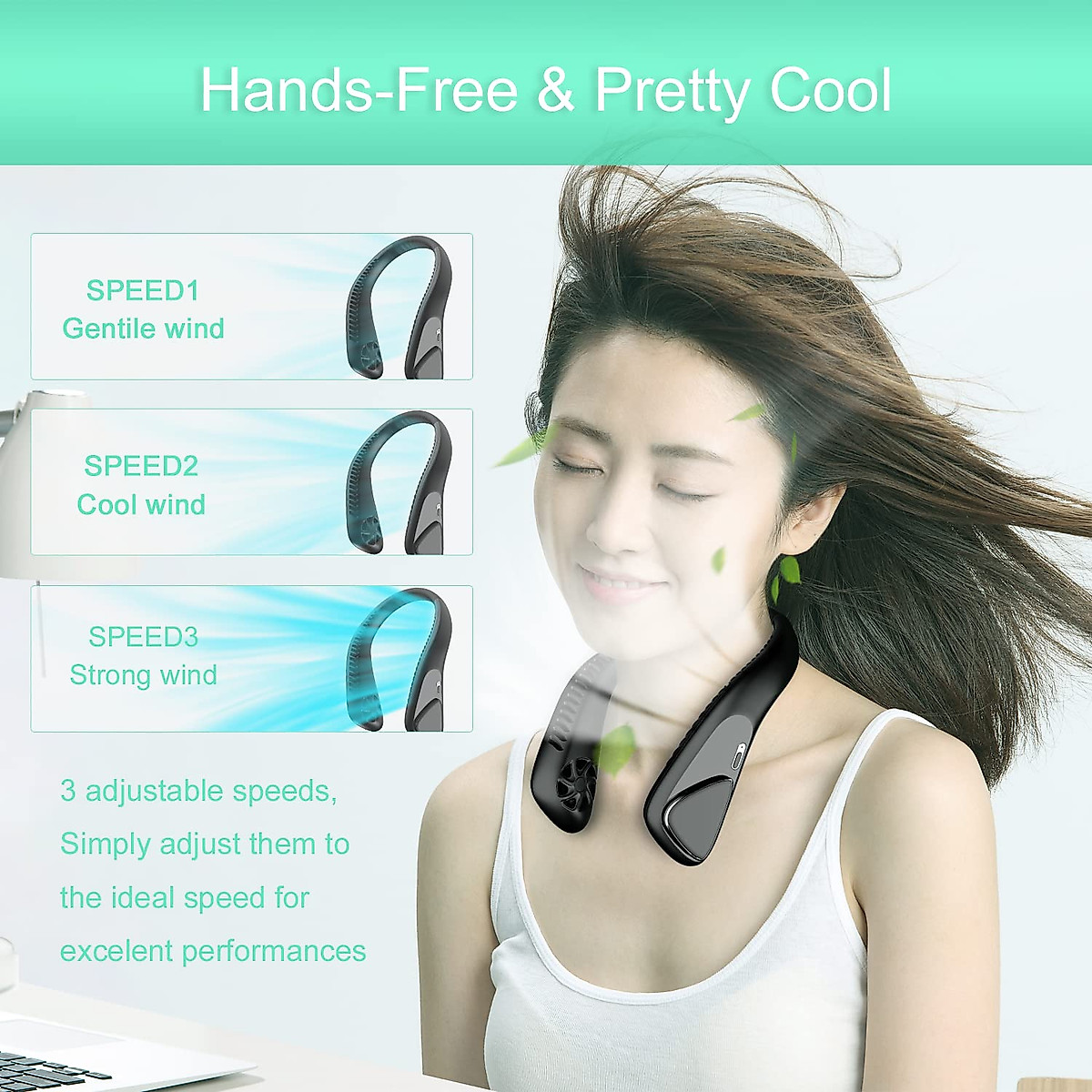 Neck Fan, 5000mAh Foldable Bladeless Neck Fans Portable Rechargeable, 3 Speeds Adjustment 360° Cooling Airflow, Hands Free Wearable Personal Fan, USB Powered, Portable Fan for Travel Outdoor-Black