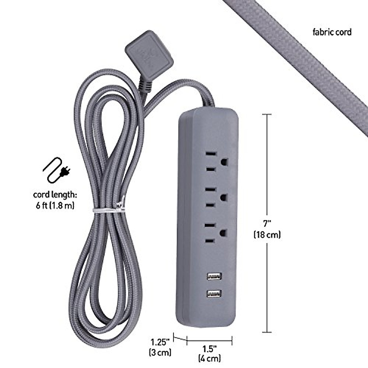 Globe Electric 78252 Designer Series 6ft 3-Outlet USB Surge Protector Power Strip, 2x USB Ports, Surge Protector, Gray Finish