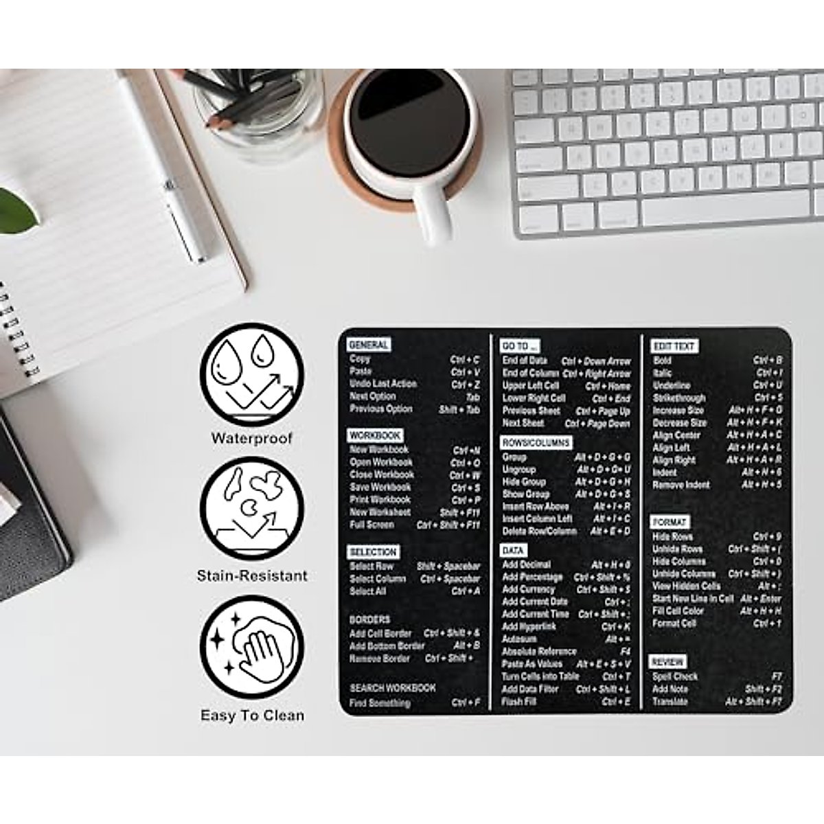 Monilee and Bella Excel Shortcuts Mouse Pad - 66 Reference Cheat Sheet Guide Keyboard Shortcut Formulas - The Ultimate Productivity Tool 7.75" x 9.25" (Solid Black Print)