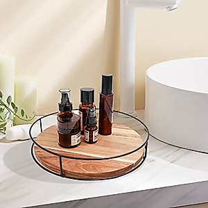 12.8 Inch Acacia Wood Lazy Susan Turntable, Round Lazy Susan Turntable with Black Steel Sides, 360 Degree Organizer Turntable for Kitchen Bathroom Dining Table Countertops Cabinets Coffee