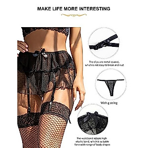 ohyeah Valentine Garter Belt Lingerie Black Floral Lace Garter Belt Set Plus Size Mesh Garter Blets for Women with 4 Straps for Thigh High Stockings