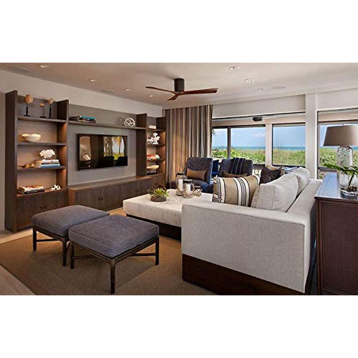 Matthews IR3H-WH-MWH-42 Irene Indoor/Outdoor Damp Rated 42" Flush Mount Ceiling Fan with Remote & Wall Control, 3 Matte White Solid Wood Blades, Gloss White