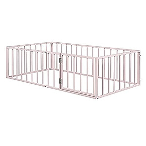 DNYN Full Size Metal Floor Bed Frame with Door for Kids Bedroom,Metal Struture Bedframe w/Fence,No Box Spring Needed,77" x 56.1"x 21.7"H, Pink