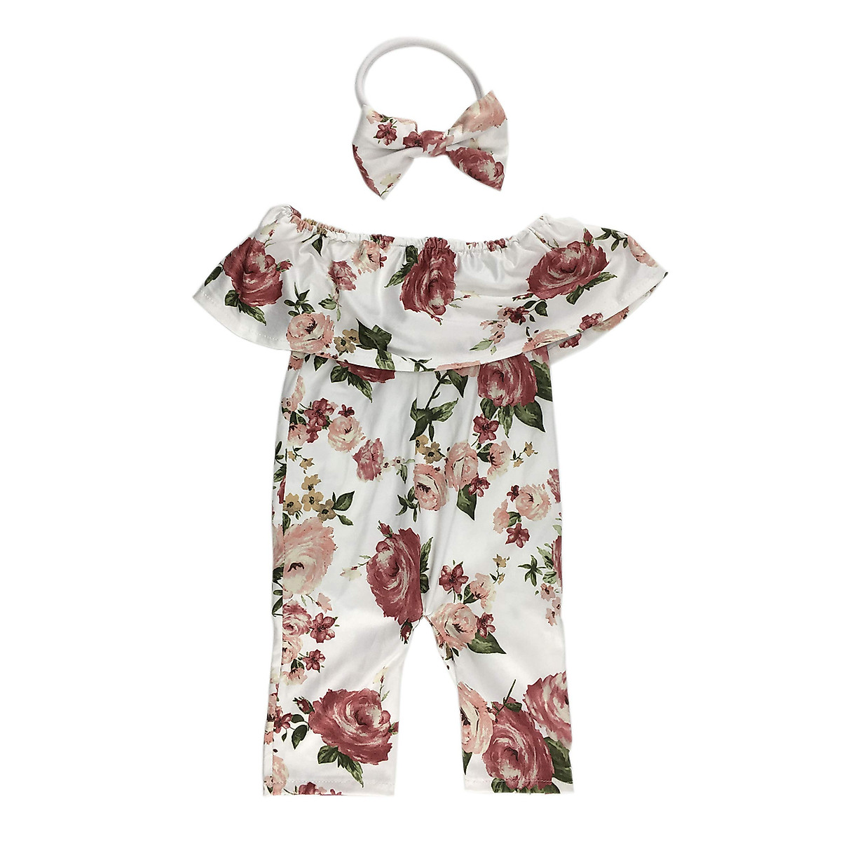 Giggle Angel Newborn Girl Photography Prop Jumpsuit Floral Romper Pant Set with Matching Bowtie