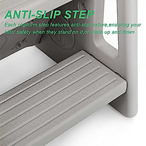 Nursery Kitchen Step Stool w/ 3 Adjustable Heights Toddler Standing Tower Kids Learning Stool w/Double Safety Rails & Non-Slip Foot Pads Cooking Stool Stand Helper Bathroom Counter Footstool (Grey)