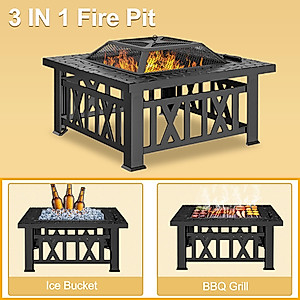 VECELO Outdoor Fire Pit Table, 32'' Square Firepit Stove, Multifunctional Fireplace with Sturdy Legs Spark Screen Lid and Poker, Perfect for Backyard Patio Garden Picnic, Faux-Stone Finish-Black