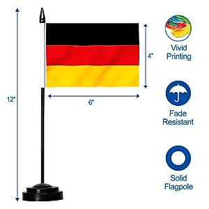 ANLEY Germany Deluxe Desk Flag Set - 6 x 4 Inch Miniature German Desktop Flag with 12" Solid Pole - Vivid Color and Fade Resistant - Black Base and Spear Top