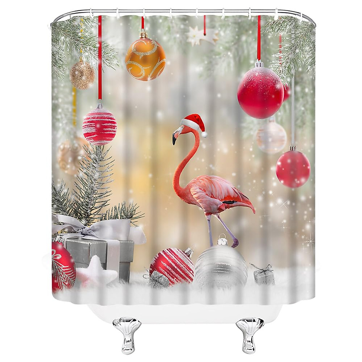 EVRCVAR Christmas Flamingo Shower Curtain Red Christmas Balls Winter Xmas Snowflake Tropical Bird Holiday Bathroom Curtain Fabric with Hooks(70" WX70 H)