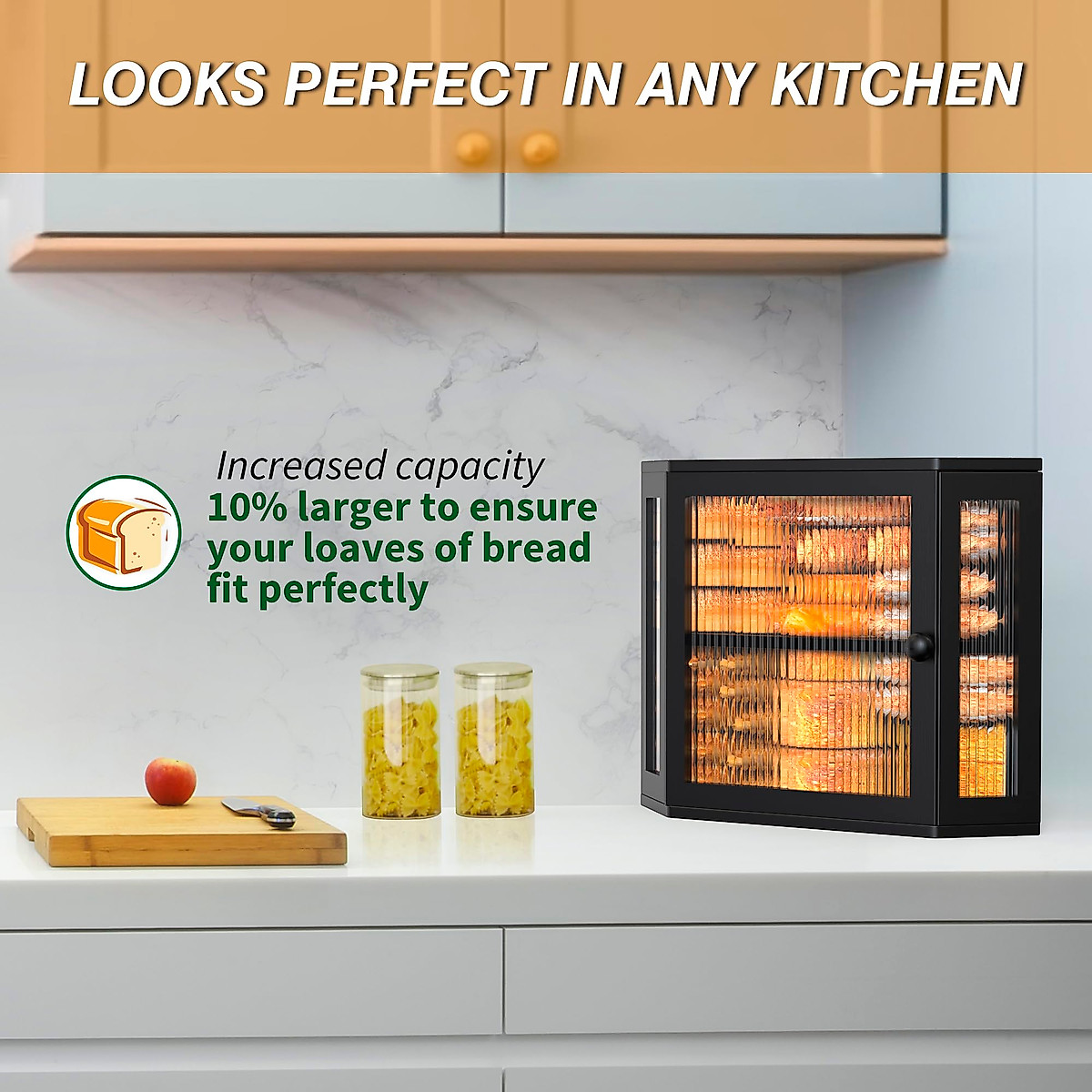 Corner Bread Box Extra Large Bamboo Wood Bread Box for Kitchen Countertop - Double Bread Container with Adjustable Height - Modern Black Easy To Assemble