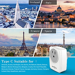 European Travel Plug Adapter, eeQiu International Travel Adapter with 4 USB Ports, American Outlets - 5 in 1 European Plug Adapter for US to Europe EU Country Like Germany, Spain, Italy, France.