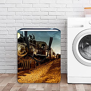 Vintage Train Steam Locomotive Laundry Basket Large Cloth Organizer Bag Basket Foldable Laundry Hamper with Handles