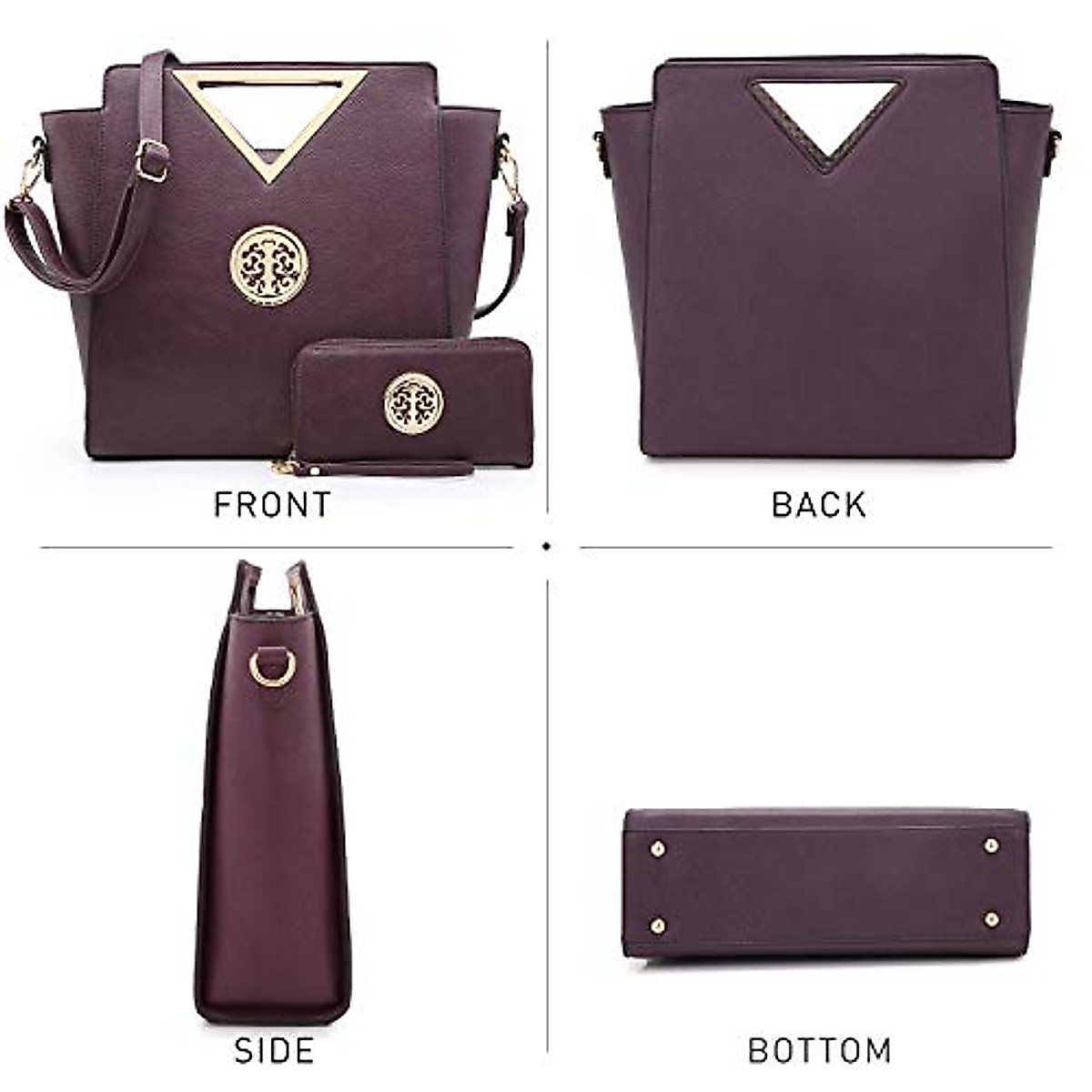 Women Handbag Cut Out Triangle Top Handle Bag Large Fashion Tote Satchel Work Purse (7464 Dark Purple + Matching Wallet)