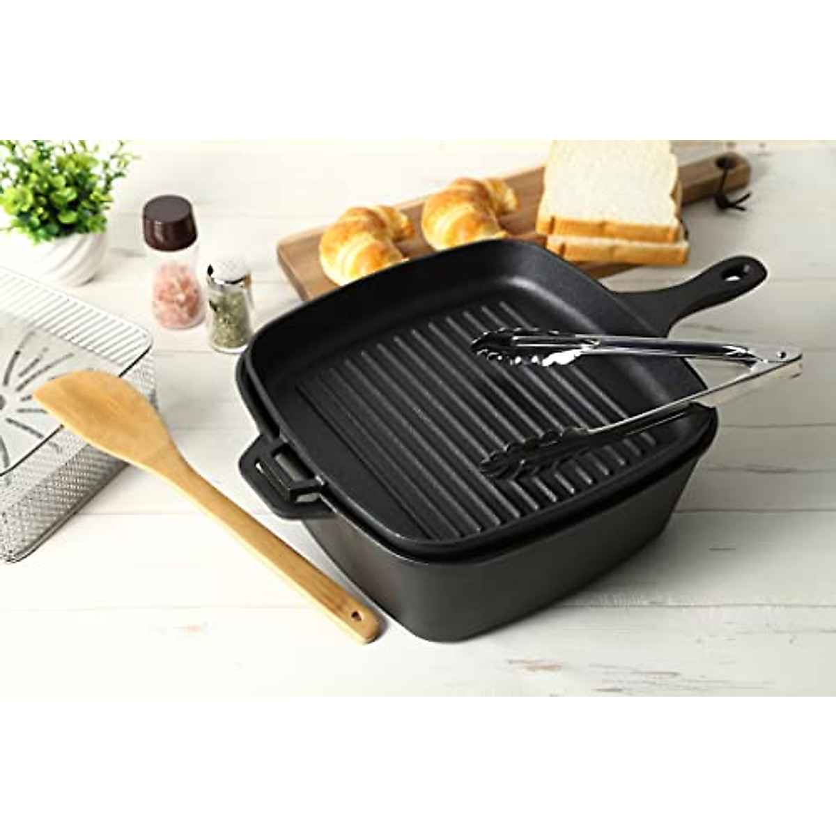 Orca pot 5in1 Cast Iron 6.5 Qt Dutch Oven Cooking Pot with Glass Lid, Cooking Pot for Baking, Frying, Steaming, Cast Iron Grill Lid, Steaming Plate & Basket