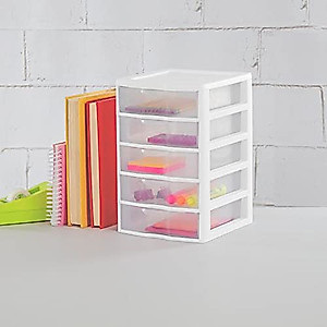 Sterilite Clearview Small Clear Plastic Stackable 5 Drawer Storage System for Desktop and Drawer Household Organization for Stationary or Pens, 8 Pack