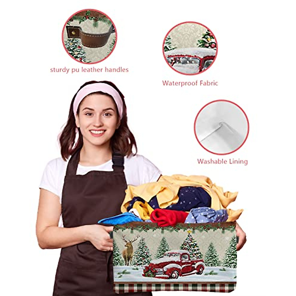 Christmas Storage Bins, Christmas Truck Xmas Tree Elk Snowflake Red Green Plaid Storage Baskets for Organizing Closet Shelves Clothes Decorative Fabric Baskets Large Storage Cubes with Handles