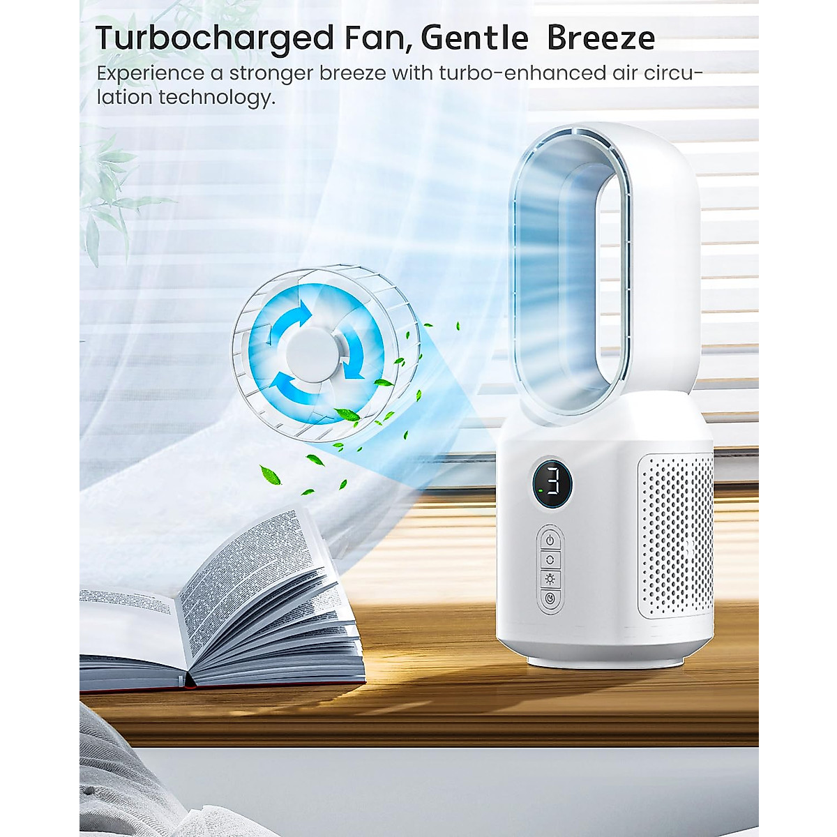 let'me Desk Fan, 106° Oscillating Fan for Indoors,Bladeless Fan with 3 Speeds, Small Office Fan with LED Light, 13 Inch Personal Small Fan for Bedroom Home Office Desktop