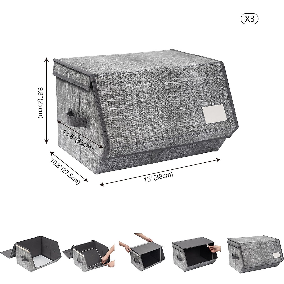 DOVAMY Stackable Storage Bins, Storage Drawers, 3 Drawer Storage Organizer, Storage Bin with Lid, Toy Box, Sock Storage, Fabric Shoes Storage Box, 15”L x 13.8”W x 9.8”H, Light Gray BTM0302